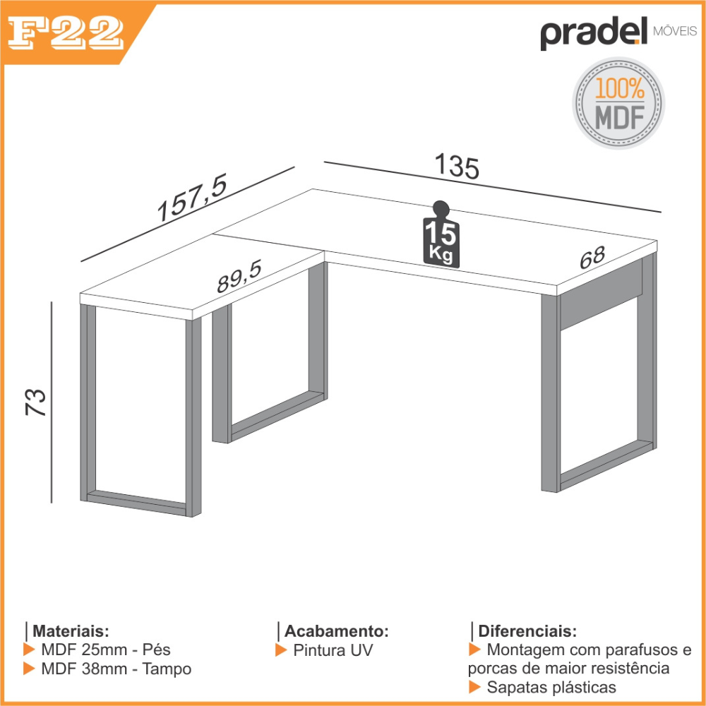 Kit Mesa Escritório Em L Com Gaveteiro Dalla Costa 100% Mdf - Camicado